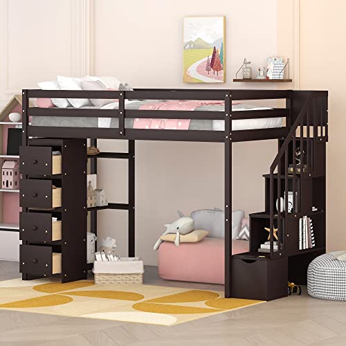 Merax Twin Size Loft Bed, Loft Bed Frame with Storage Drawers and Stairs, Wooden Loft Bed with Shelves, Espresso