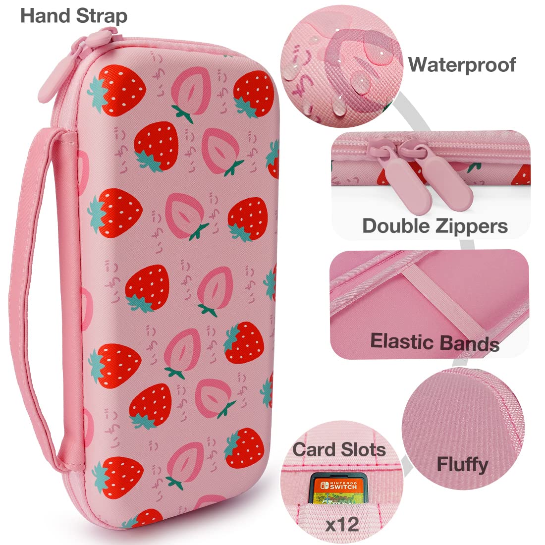 Cute Strawberry Carrying Case Compatible with Nintendo Switch (NOT OLED or Lite) with Dockable Protective Cover+ Tempered Screen Protector +Stickers+ Thumb Grip Caps, Pink Accessories Bundle for Girls