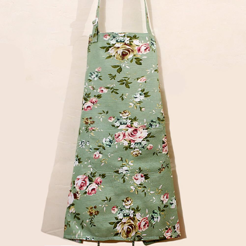 DDJYP Women Kitchen Apron-2 Pack, Cotton Canvas Flower Apron, Floral Pattern Apron with Pockets for Women Chef Apron(Green&Blue)