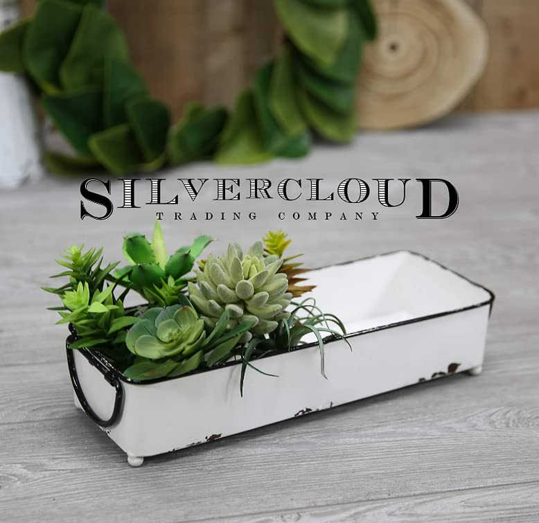 LARGE Rustic White Rectangle Metal Bin - 16.5'' Long - Great for Display or Storage - Silvercloud Trading Co., White with Black