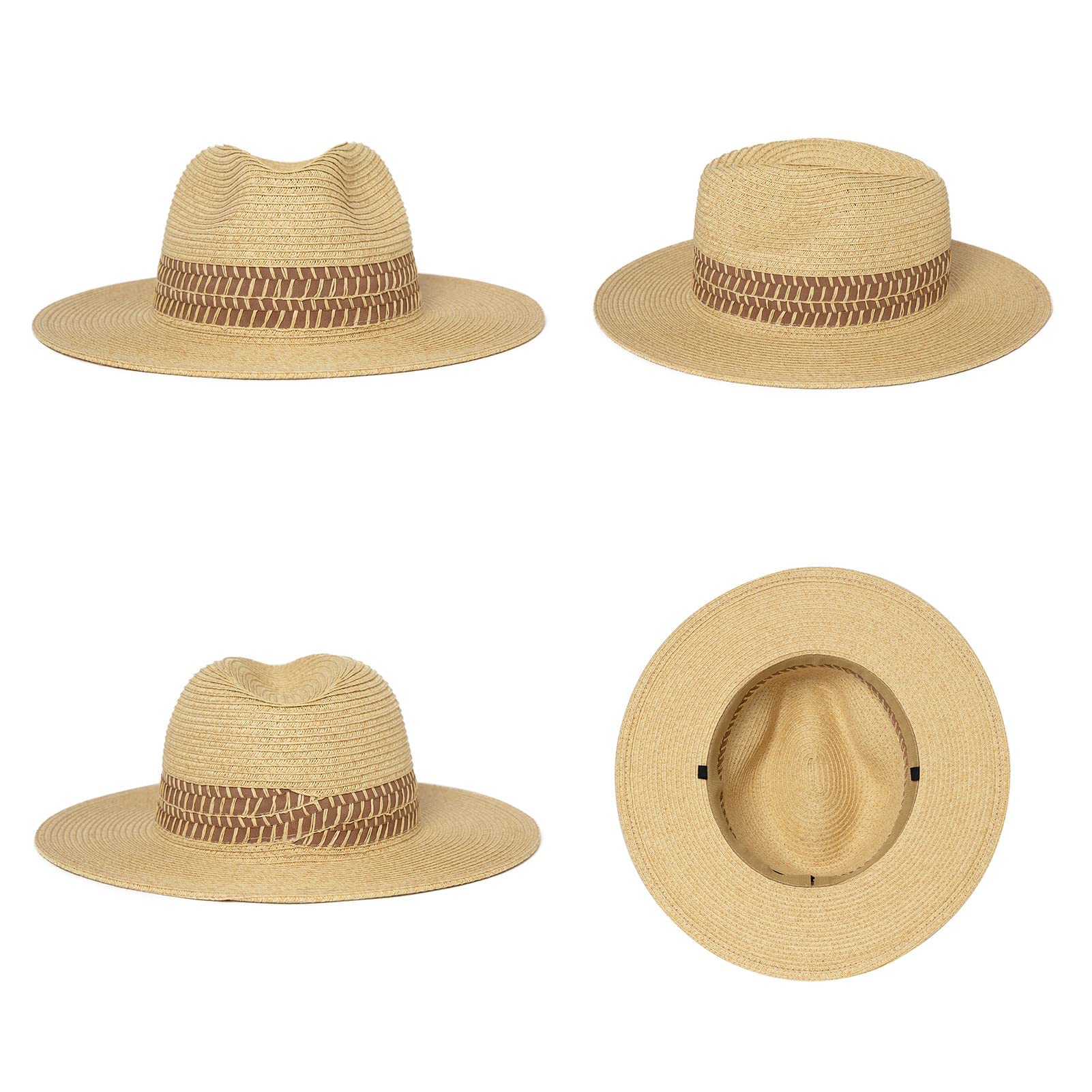 Comhats Women Straw Sun Fedora Hat for Women,Packable Beach Hat Wide Brim Panama Hat UV UPF 50+ Summer Hat Beige