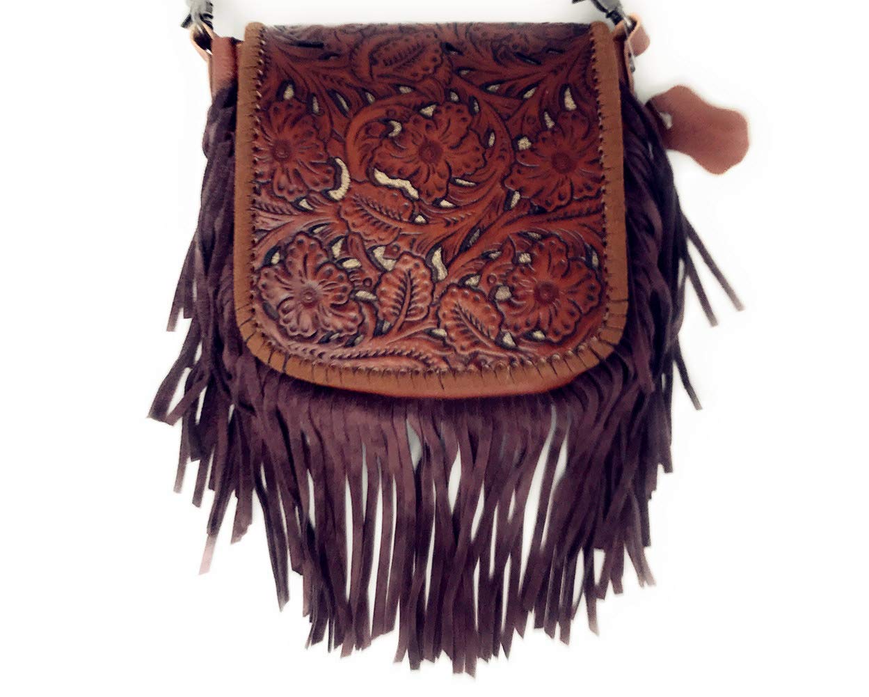 Western Genuine Leather Floral Tooled Fringe Womens Crossbody Bag 3 Color (Laser Cut Brown)