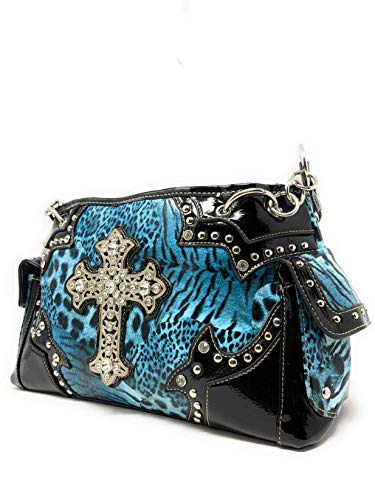 western rhinestone cross leopard concealed carry handbag with matching wallets in 3 colors (Blue)