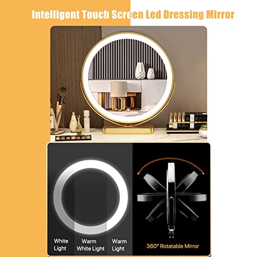 Large Vanity Desk With Round Mirror And Lights Makeup Table With 2 Drawers Dressing Table For Bedroom Golden Metal Legs Make Up Tables For Women Makeup Vanity Desk Set With Vanity Chair ( Color : Whit