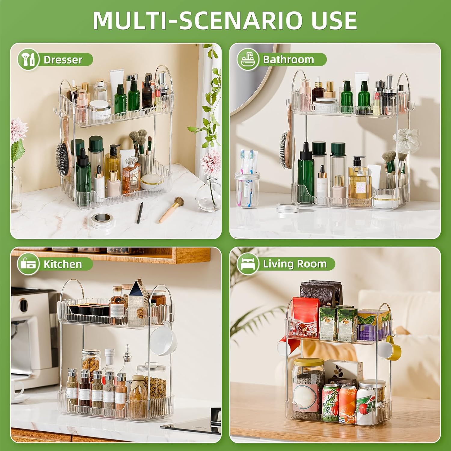 Kinkota 2 Tier Bathroom Organizer Countertop, Plastic Bathroom Counter Organizer, Vanity Tray Shelf Storage with Hooks, for Makeup/Kitchen Spice Rack, (Clear)