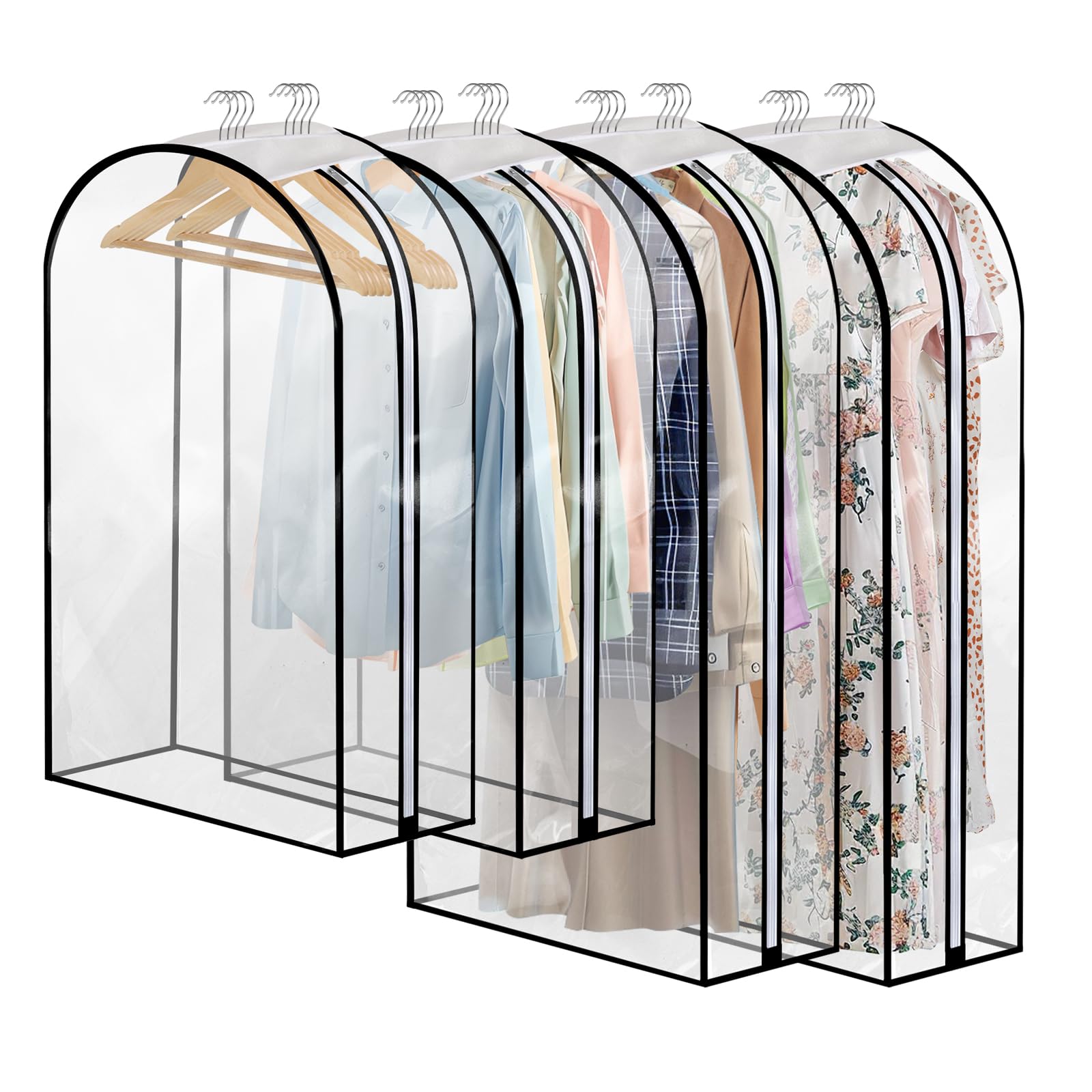 Dntorx 4 Pack Full Clear Garment Bags (40&50"), Clothes Covers with 10" Gusseted, Clear Bags for Hanging Clothes, Suit Bags, Coat Covers for Closet with Side Zip for Coats, Jackets, Windbreaker, Dress
