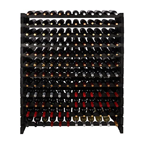 DisplayGifts Stackable Modular Wine Pine Wood Rack Stackable Storage Stand Display Shelves Wobble-Free 12 Rows 144 Bottle Capacity Black