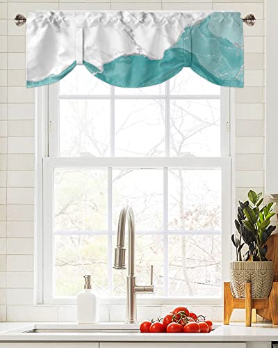 Segard Tie Up Valance for Windows,Marble Turquoise Gold and White Colors Kitchen Valances Adjustable Rod Pocket Window Shade Valance,Ink Painting Short Curtains Window Treatment for Bedroom 60x18in