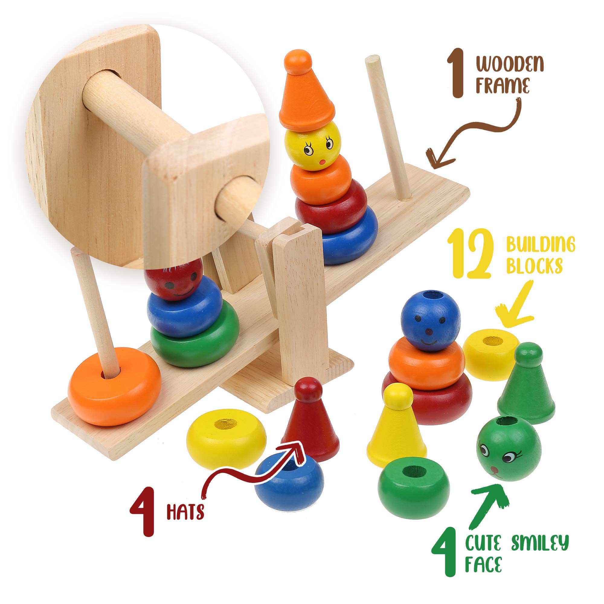 Boxiki kids Wooden Clown Stacking Toy Stack High to Learn and Play. Kids Toys Rainbow Stacking Blocks Ring Tower. A Fun Wooden Ring Stacking Toy for Kids 3 and Up.