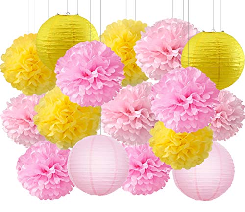 HappyField Sunshine First Birthday Decorations You Are My Sunshine Party Decorations Baby Shower Decorations Yellow Pink Tissue Pom Poms Paper Lantern for Wedding Bridal Shower Sunshine Party Supplies