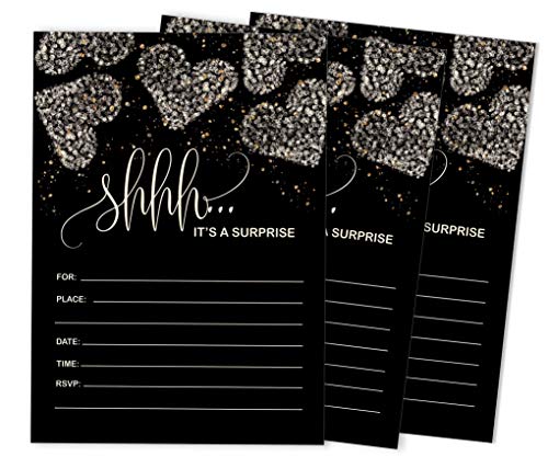 Inkdotpot Pack of 30 Surprise Party Birthday Invitations with Envelopes, Black Retirement Party, Bridal Shower, Baby Shower Fill in Style Invites