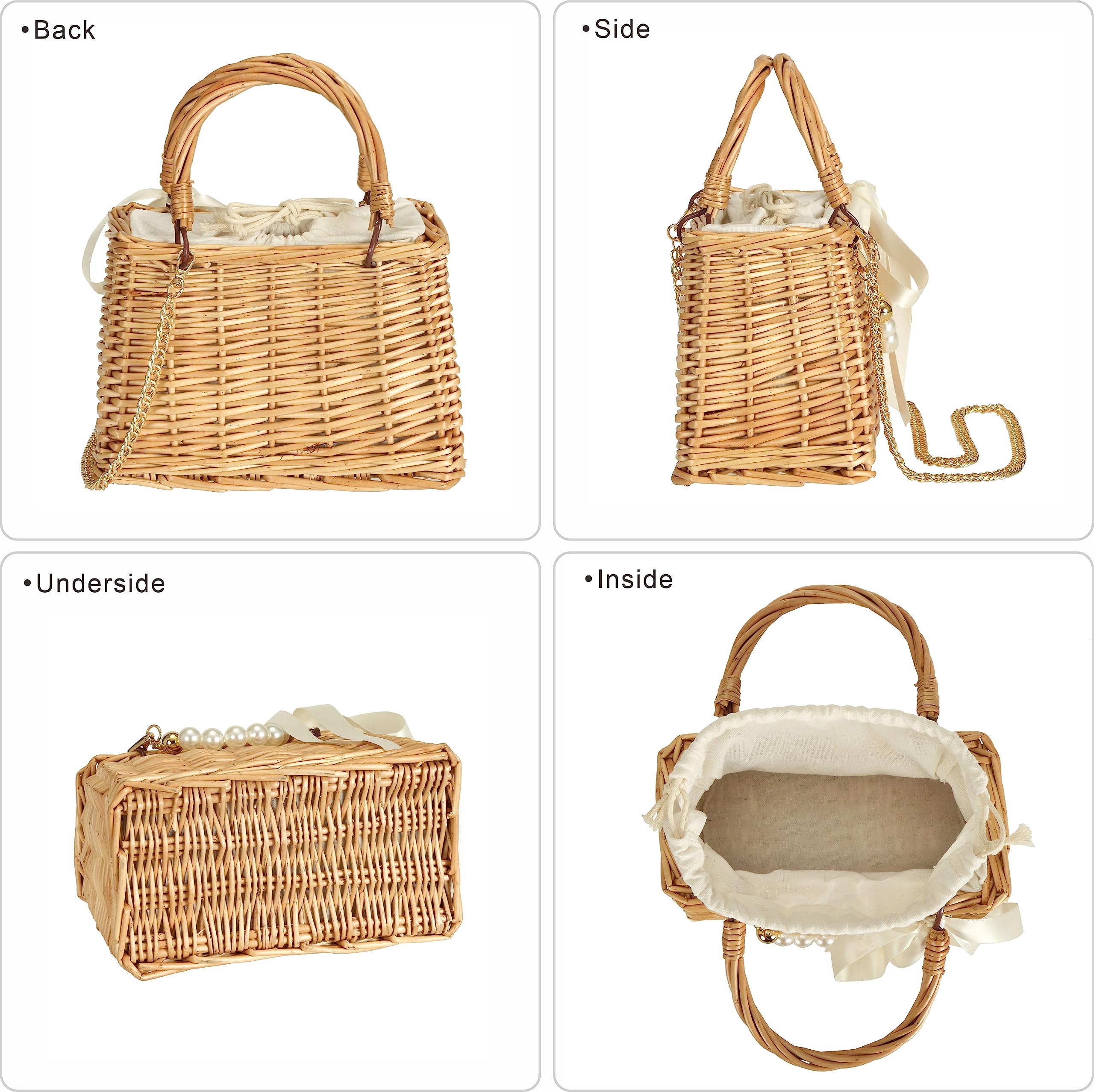 So'each Women's Handmade Rattan Wicker Artificial Pearl Shoulder Bag Beige