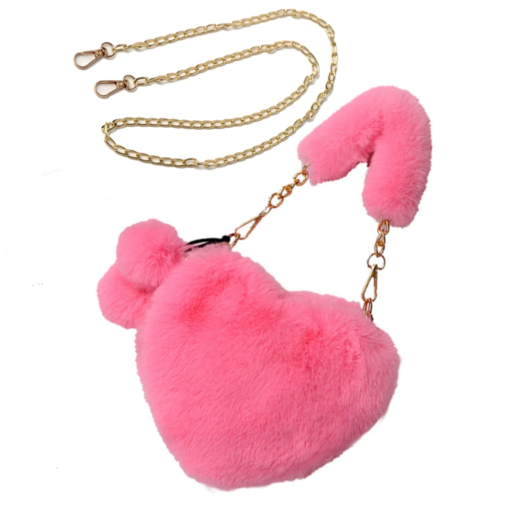 Soft Warm Faux Fur Handbag Fuzzy Crossbody Bag Heart Shape Soft Plush Purse for Winter Women Wallets (Pink)