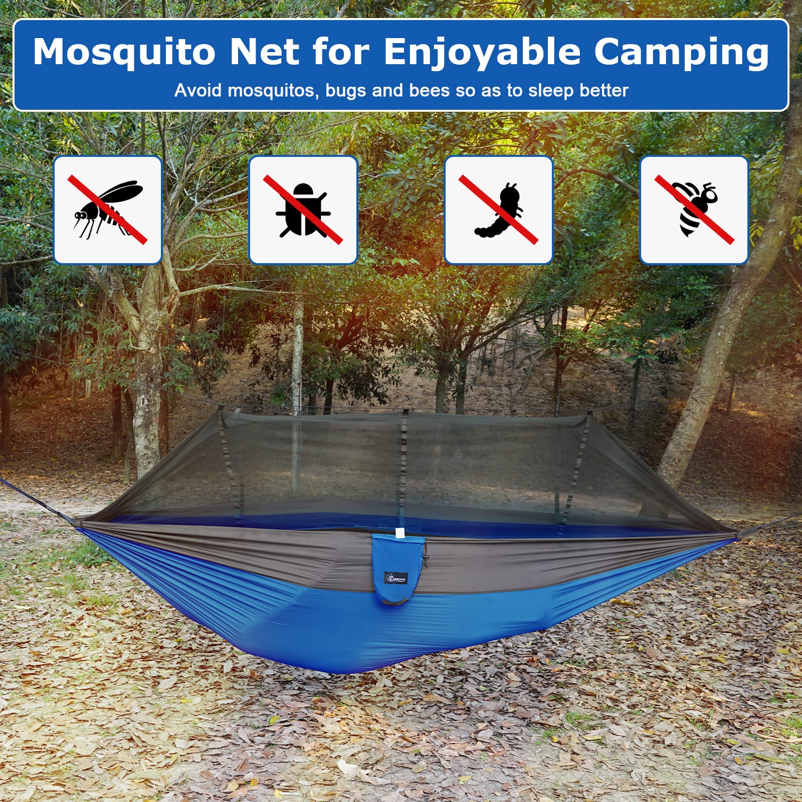 COMMOUDS Camping Hammock with Mosquito Net and Rain Fly, Double Portable Hammock, 2 Person Nylon Parachute Hammock Tent with Tarp & 2 Tree Traps for Backpacking Travel Beach Backyard Patio Hiking