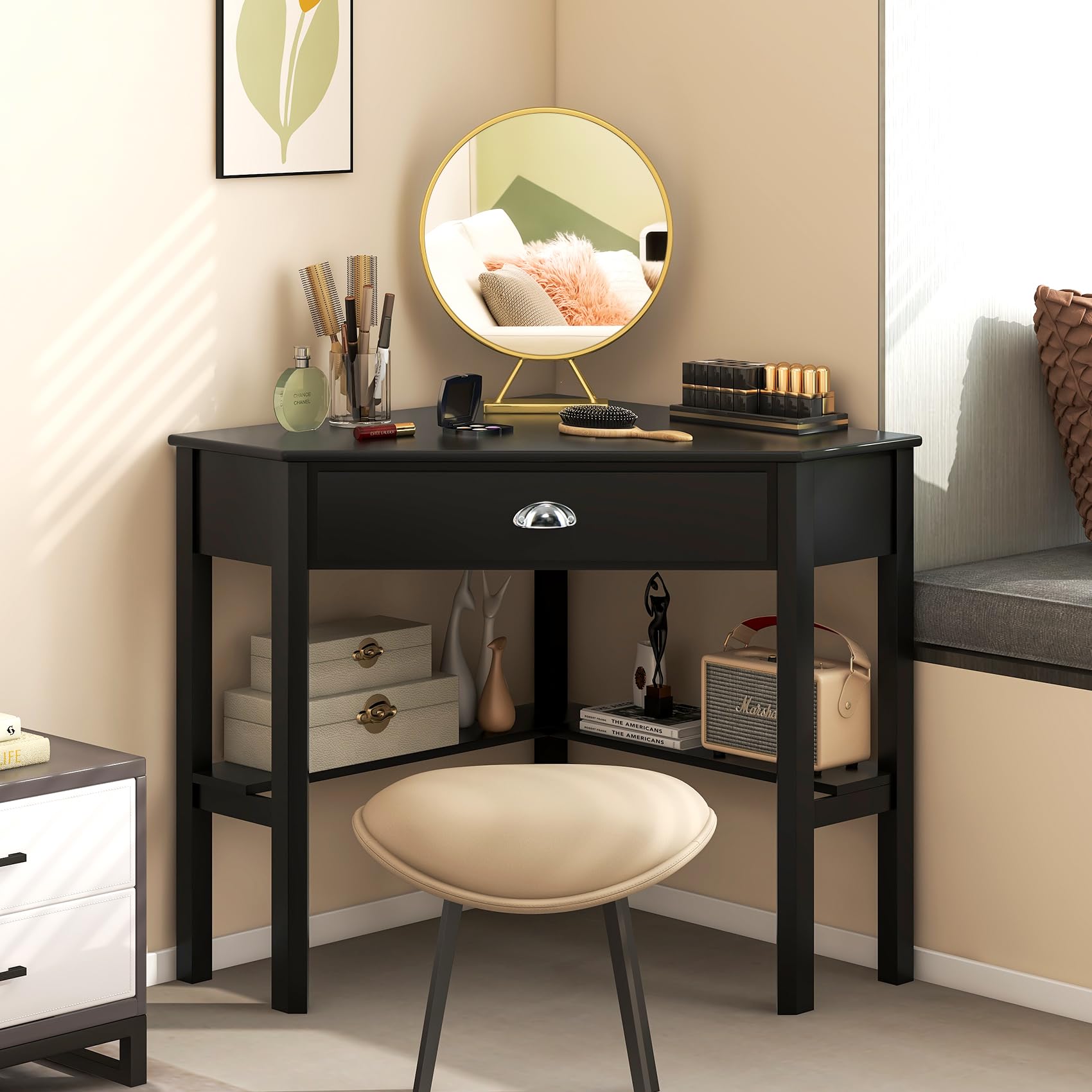 Nightcore Small, Wood Computer Desk, Compact Writing w/Drawer & Storage Shelves, Space Saving Study Workstation, Laptop PC Corner Table, Coffee