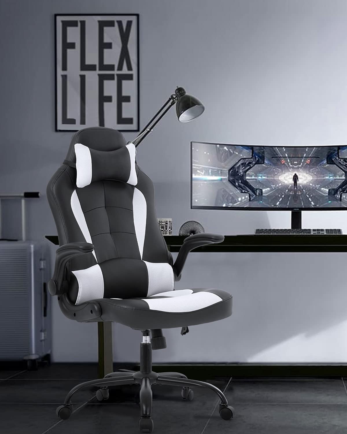 PC Gaming Chair Ergonomic Office Chair Computer Desk Chair with Armrests Headrest and Lumbar Support High Back PU Leather Executive Racing Chair for Home (White)