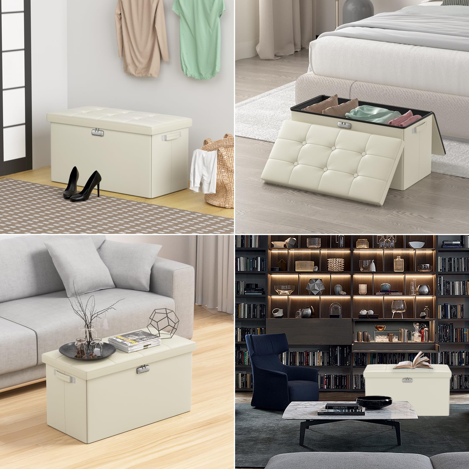 ENGPOW Storage Ottoman with Lock,Fireproof & Waterproof Folding Ottoman Storage Stool Storage Chest with Handle & Zippers Safe for Living Room, Bedroom, Home Office,Dorm,17"x 13"x 13",Beige