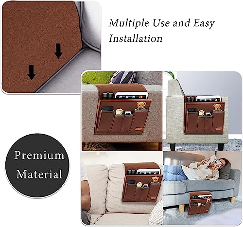 Geeice Sofa Armchair Caddy, Remote Control Holder 5 Pockets Organizer for Recliner Couch, Armrest Side Pocket Storage for Magazine Tablet and Phone, Brown