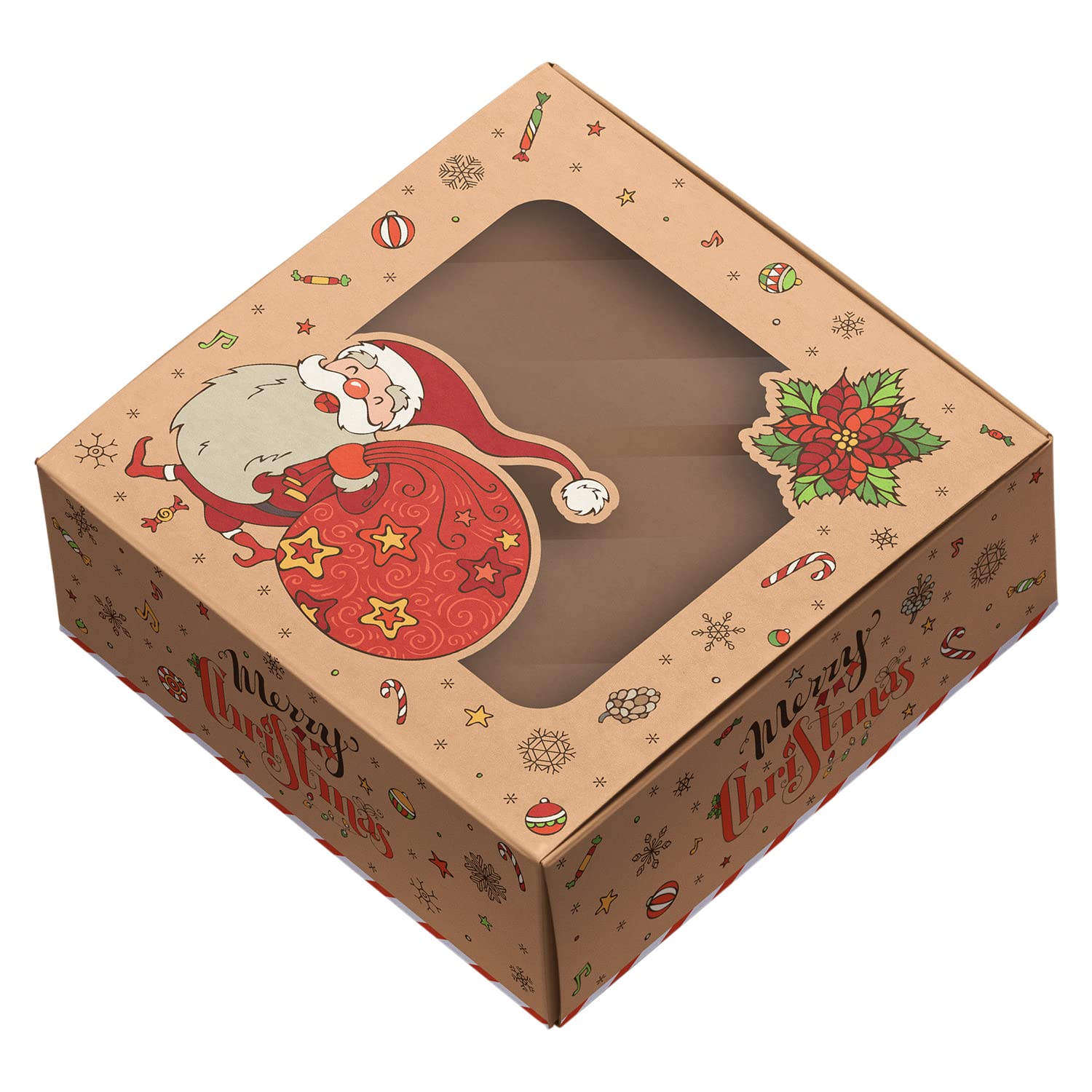 Christmas Cookie Boxes With Window and Lid, Bakery Christmas Treat Boxes, Candy and Cookie Boxes for Gift Giving - Food Packaging Containers (Santa, Christmas Tree, Gingerbread Man & Snowman)