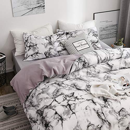 Jolusere White Marble Duvet Cover Set Queen Size White Gray Reversible Bedding Set Boho Aesthetic Farmhouse Bedding Ultra Soft Lightweight Breathable Microfiber Bed with Zipper Closure for All Seasons