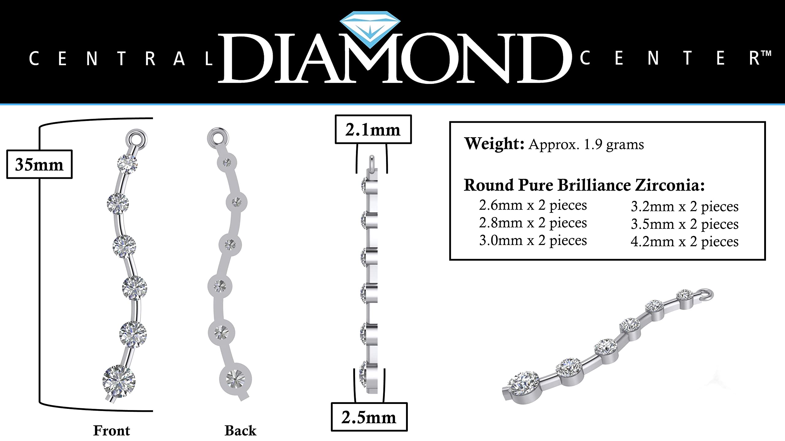 Central Diamond Center Earring Jacket in Sterling Silver made with Pure Brilliance Zirconia - Platinum Plated