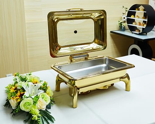 Luxury Thicken Gold Chafing Dish Buffet Set,Stainless Steel Chafer for Catering in Glass Lid, Chafers and Buffet Warmer Sets w/Food & Water Pan,Lid,Frame,Fuel Holder (Rectangle 9QT)-2 Half Size Tray