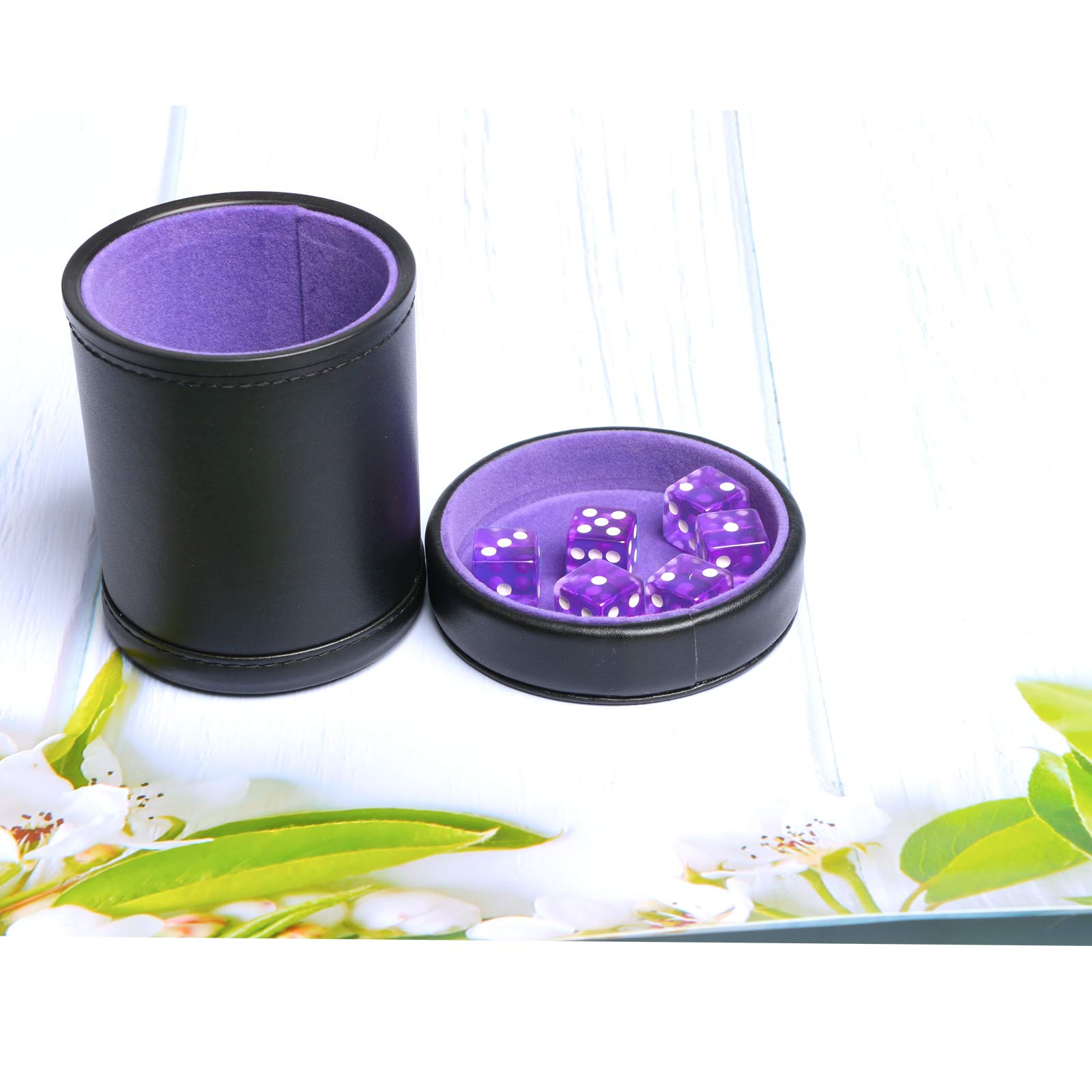 PU Leather Dice Cup with Lid/ Cap, Felt-Lined Dice Shaker Includes 6 Six-Sided Dice for Liars Dice/ Farkle/ Yahtzee/ Board Games