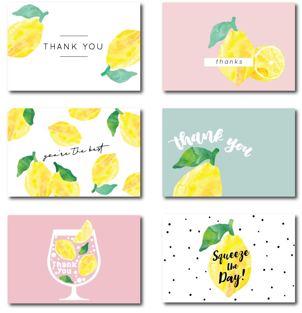 Gooji 4x6 Lemon Thank You Cards (Bulk 36-Pack) Matching Peel-and-Seal White Envelopes Assorted Set Birthday Party, Bridal Shower, Baby Shower, Weddings, Graduation Blank Notes
