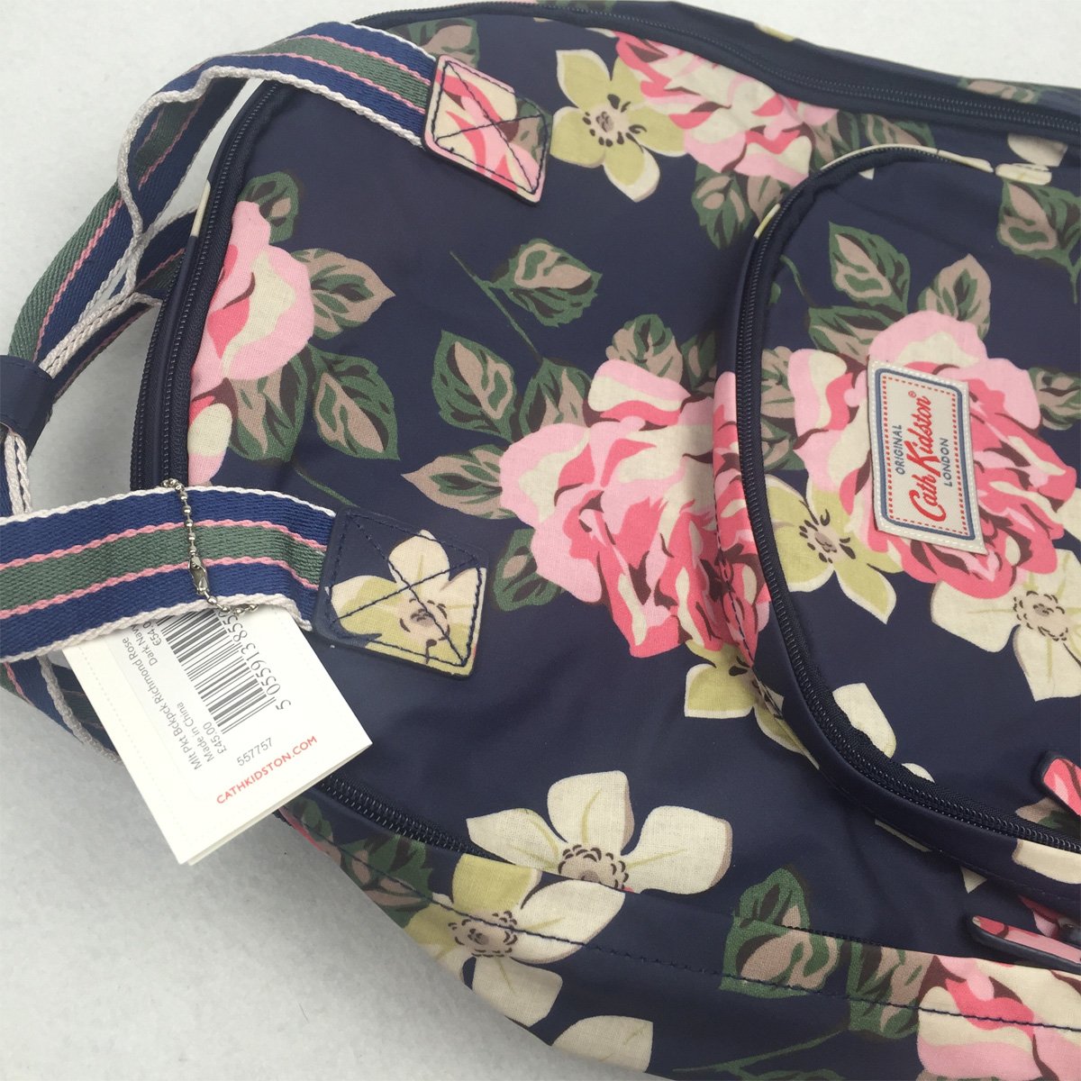 Cath Kidston Matt Oilcloth Multi Pocket Backpack Fitting 13" Laptop Rucksack Richmond Rose Floral Pattern in Dark Navy Color Background
