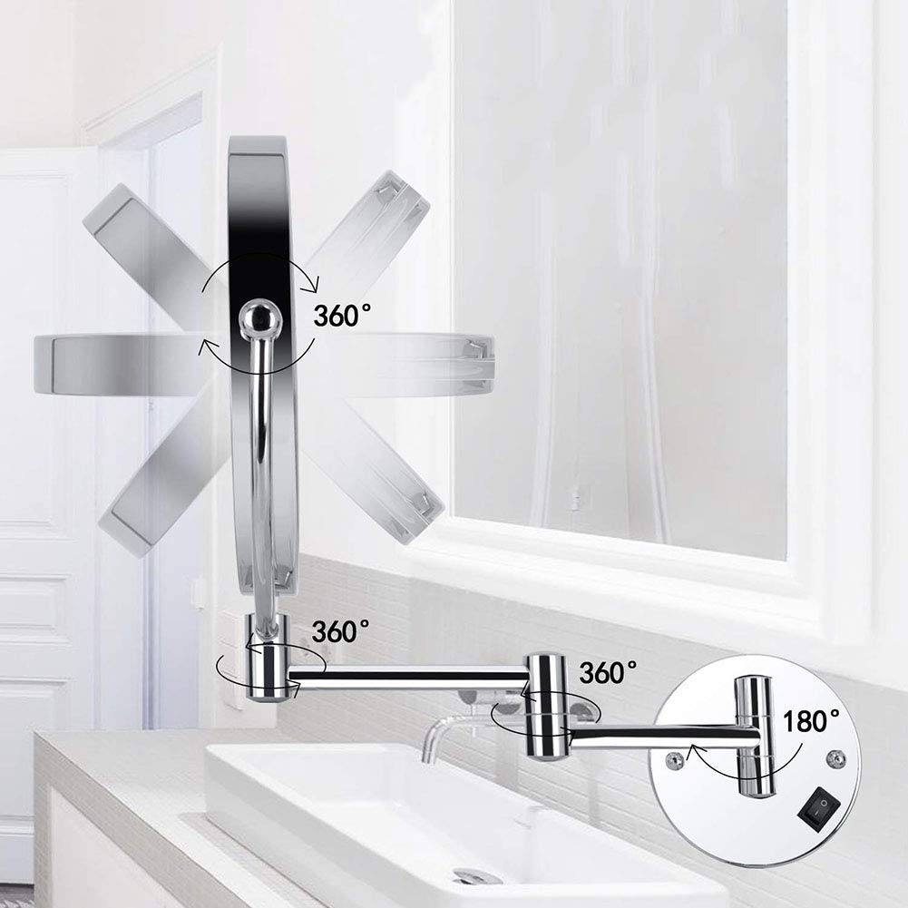 CZQ LED Lighted Wall Mount Makeup Mirror Double Sided with 10X Magnification, 360° Swivel Vanity Mirror Bathroom Cosmetic Mirror Extension Chrome Finish, Plug Powered