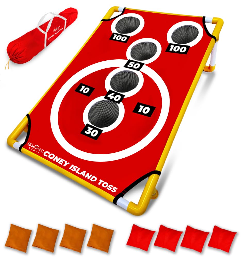 SWOOC Games - Coney Island Toss - Arcade Style Cornhole Board Set w/Carrying Case & 15+ Games - Corn Hole Games for Adults - Kids Bean Bag Toss Game - Kids Cornhole Set with Bags - Outdoor Yard Games