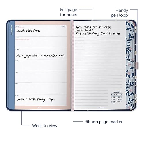 Busy B A5 To Do Diary January to December 2024 - Navy and Gold Floral - Week to View Diary with Notes, Tear-Out Lists & Pockets