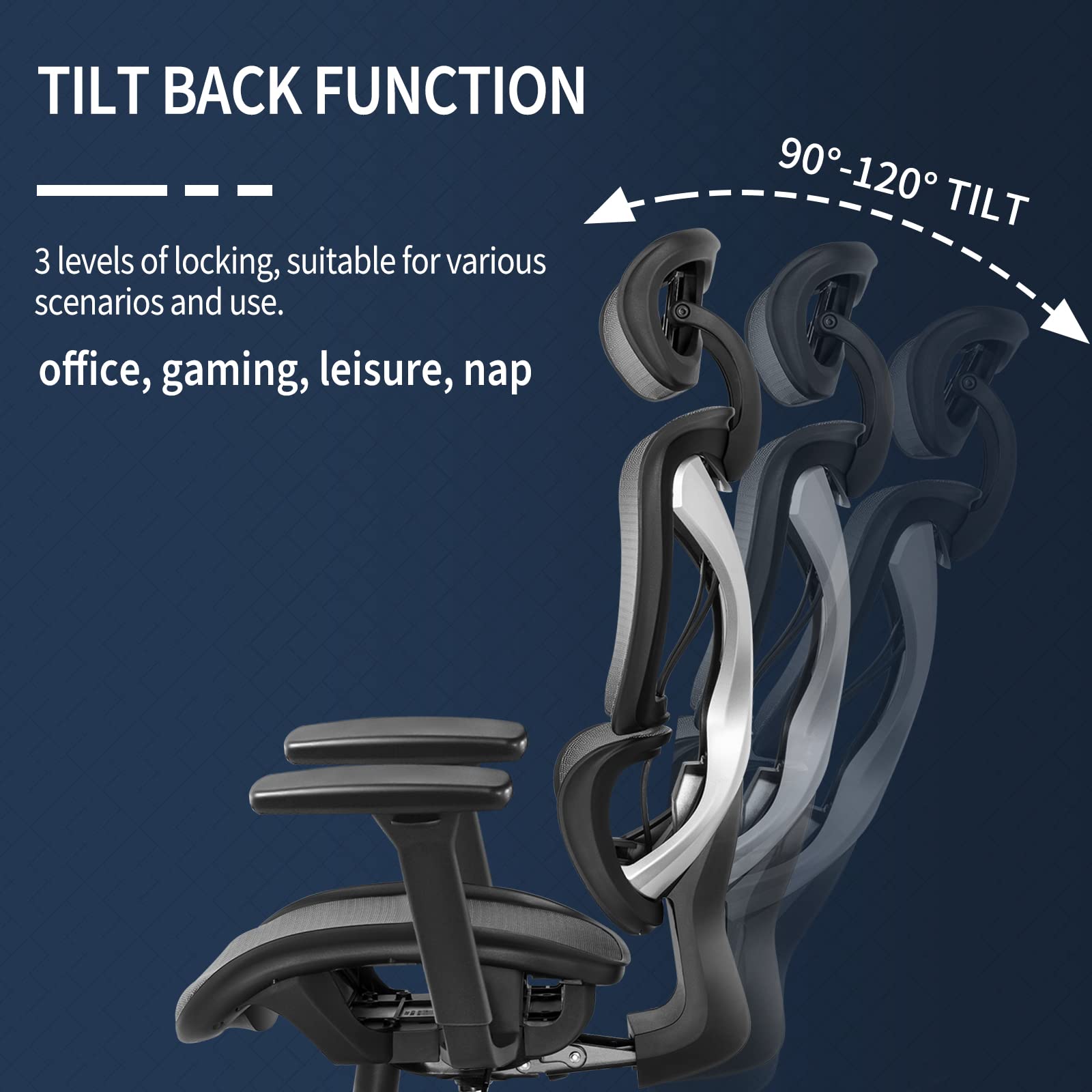 GABRYLLY Office Chair, Large Ergonomic Desk, High Back Computer Chair with Lumbar Support, 3D Armrest, Breathable Mesh, Adjustable Headrest with Tilt Function, Easy Assembly(Grey)