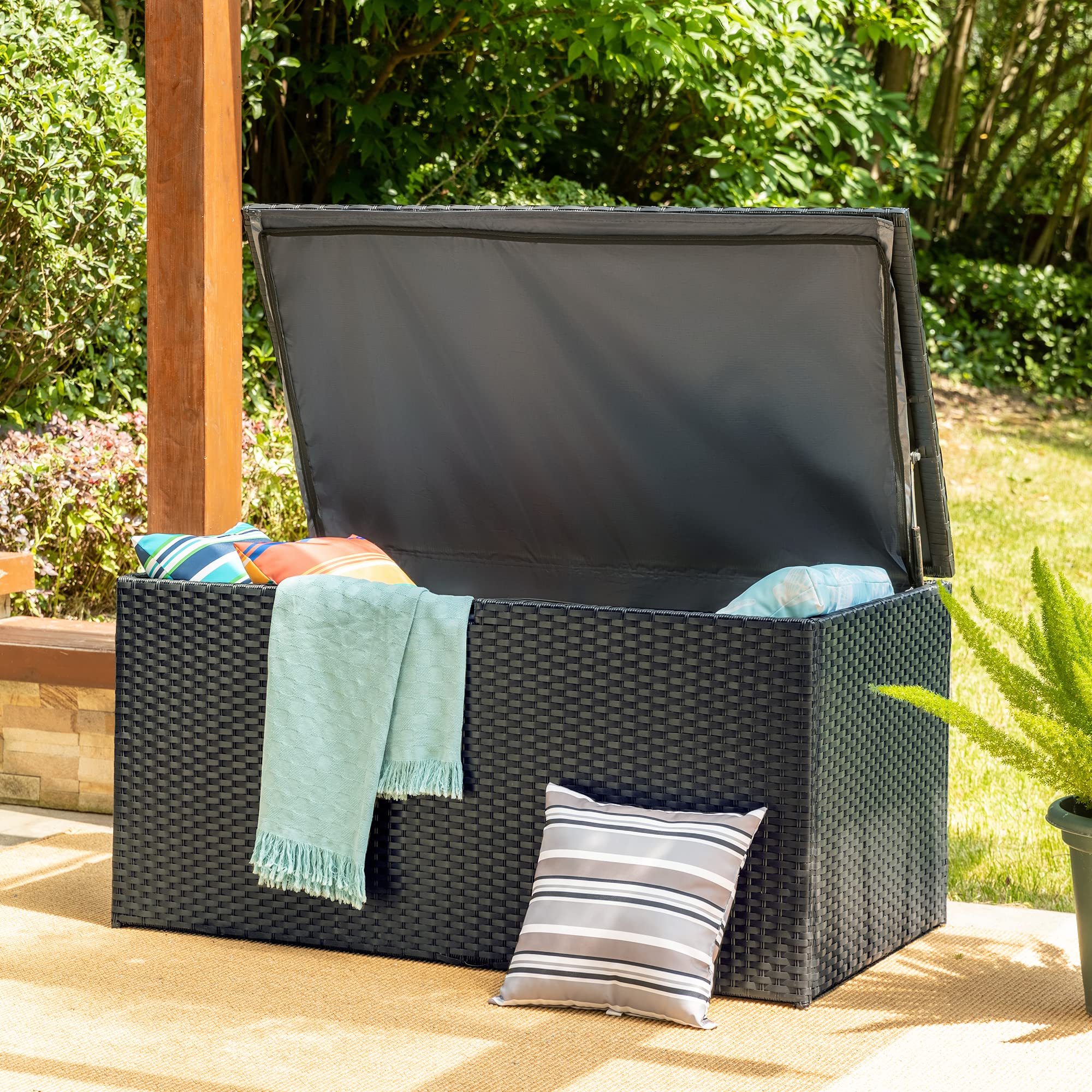 Glitzhome 140 Gallons Black All Weather Wicker Storage Trunk with Metal Frame,Indoor and Outdoor Oversized Waterproof Deck Box for Tools