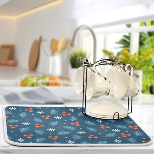 Christmas Holly Berry Leaves Dish Drying Mat Kitchen Counter Drying Mat Kitchen Matt Dish Dryer Cloth Dish Wish Drying Mat 18 x 24