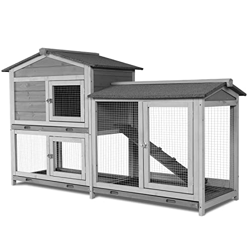 GEGURI Rabbit Hutch Indoor Rabbit Cage Outdoor, Chicken Coop Bunny Cage with Pull Out Tray, Waterproof Roof, Ramp (57.8" L x 17.9" W x 27.9" H, Grey)