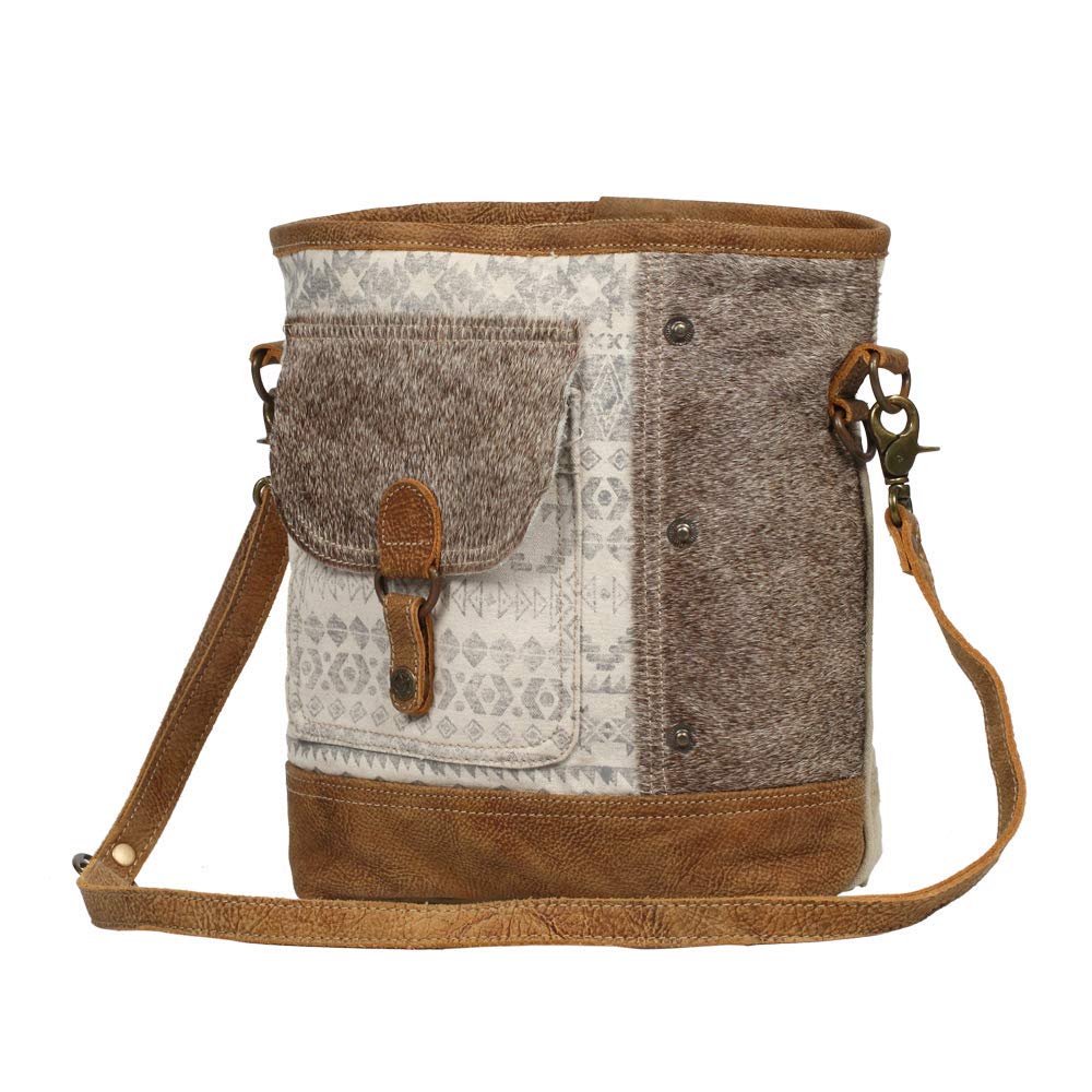 Myra Bag Tribal Stripe Front Pocket Upcycled Canvas & Cowhide Leather Shoulder Bag S-1232, Brown, One Size