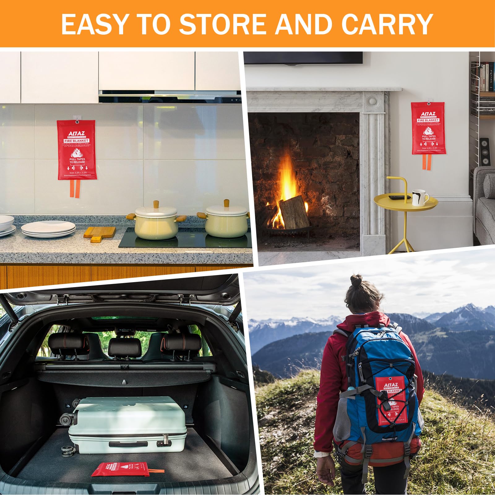 Emergency Fire Blanket for Home Kitchen - 39.4"x39.4" Flame Suppression Fiberglass Fire Blankets for Camping, Grill, Car, Office, Warehouse, Fireplace, Survival, Safety Altaz (2 Pack)