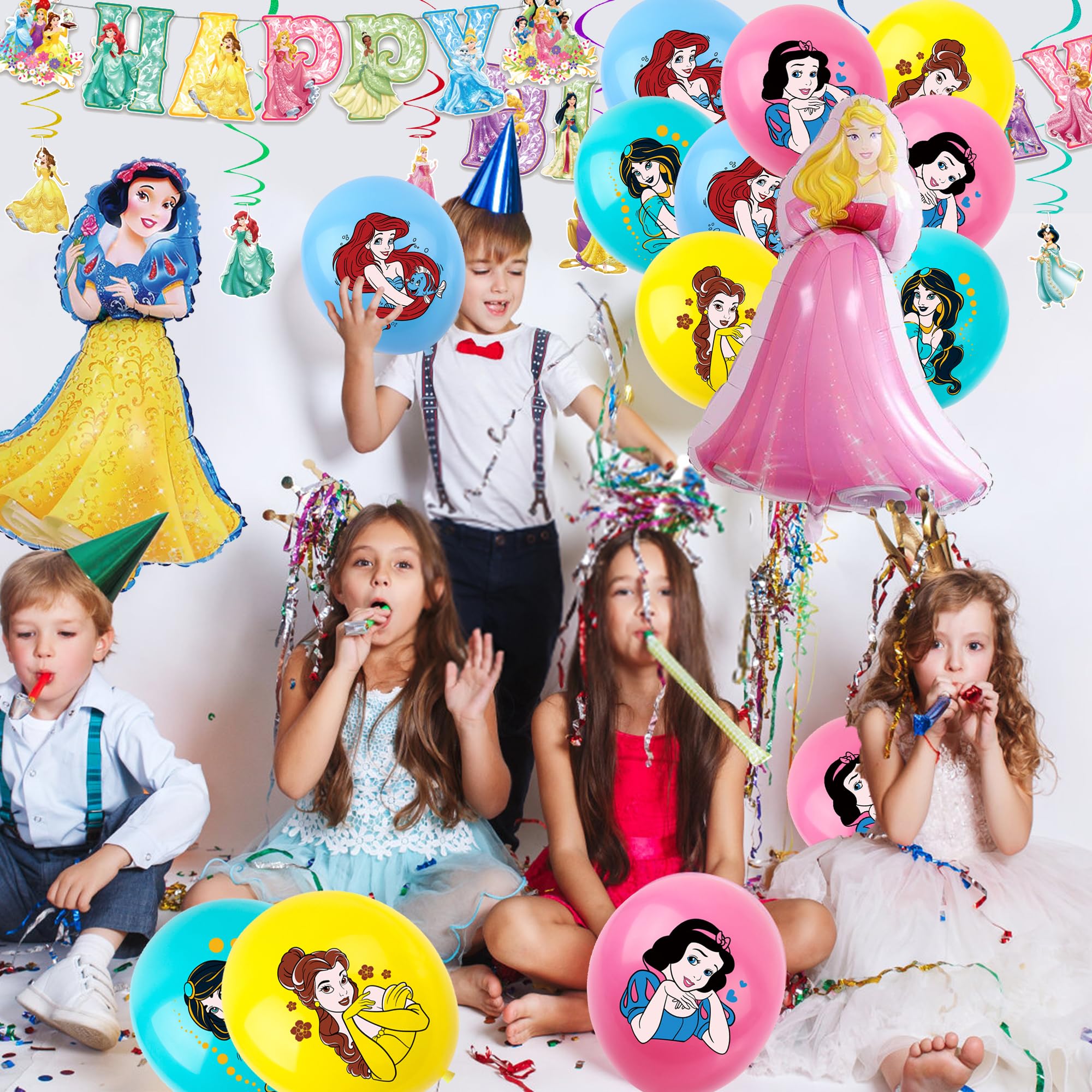 BOSMAT Princess Birthday Decorations, Princess Party Supplies Includes Balloons, Happy Birthday Banner, Cake&Cupcake Topper, Plates, Napkins, Cup, Tablecloth , Foil Balloon and Backdrop