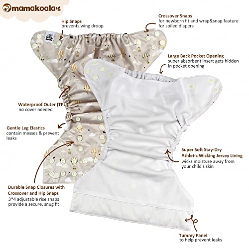 Mama Koala 2.0 Baby Cloth Diapers with AWJ Lining and Tummy Panel, Washable Reusable Pocket Diapers, 6 Pack with 6 Bamboo Diaper Inserts (Desert Sun)
