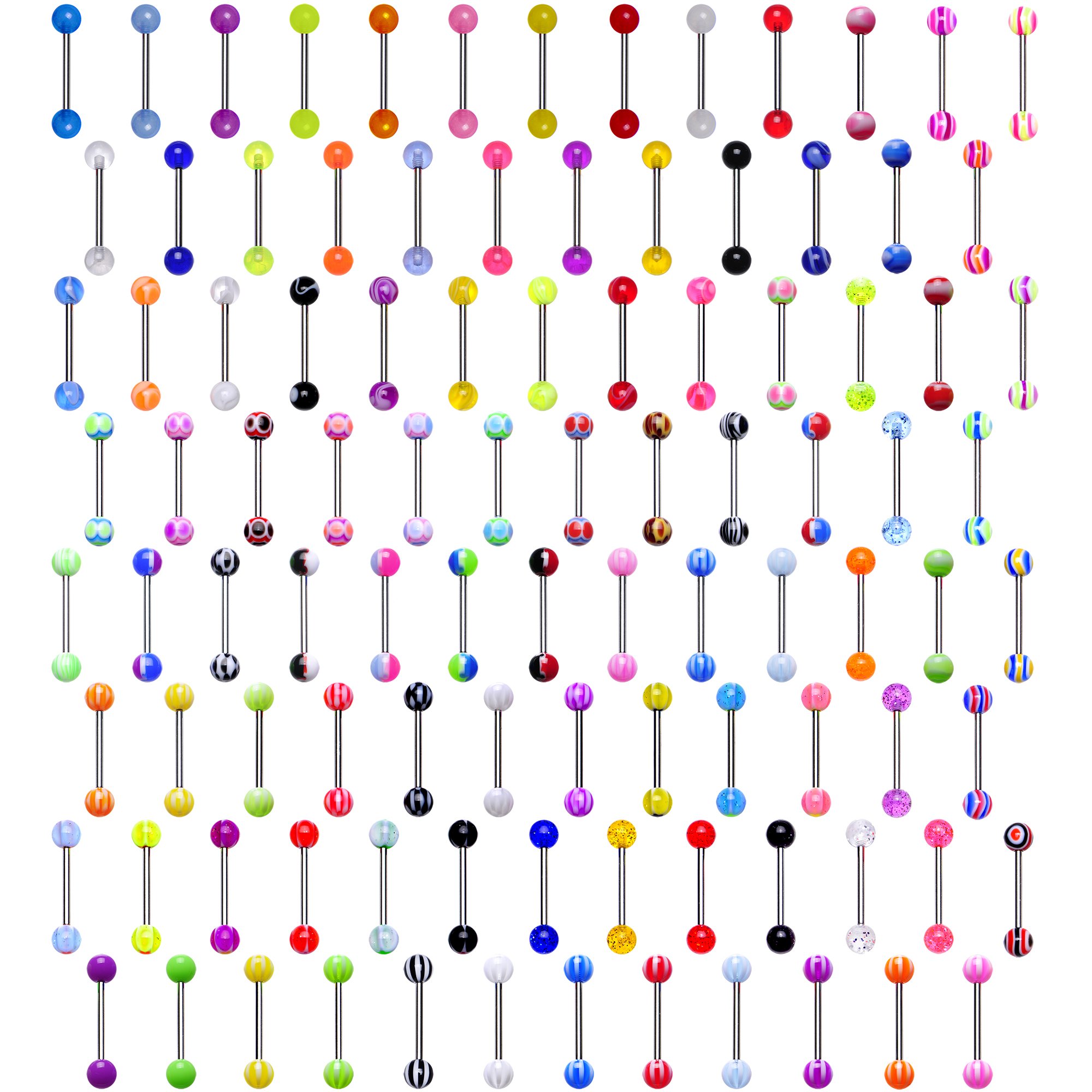 Body Candy 100 Different Stainless Steel UV Acrylic Ball Barbell Tongue Rings 14 Gauge 5/8"