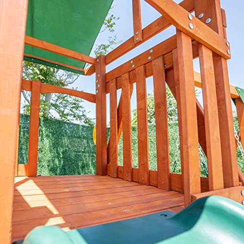 Sportspower Amazon Exclusive Sherwood Wood Swing Set with 3 Swings, Slide, and Covered Deck, Natural/Green
