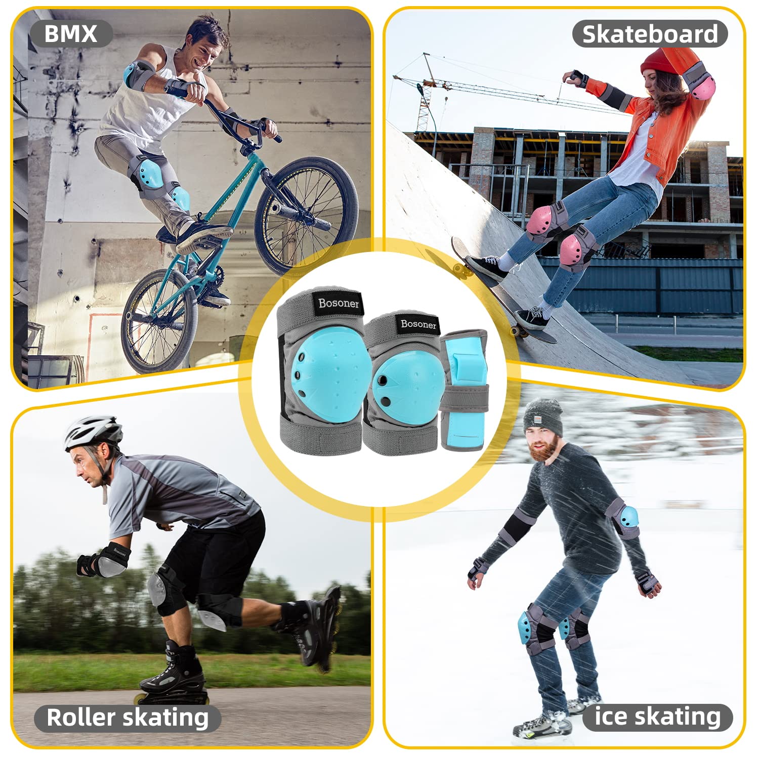 BOSONER Roller and Skating Pads for Kids-Youth-Adults: Knee Pads and Elbow Pads and Wrist Guards Set - Medium Size for Age 9-15