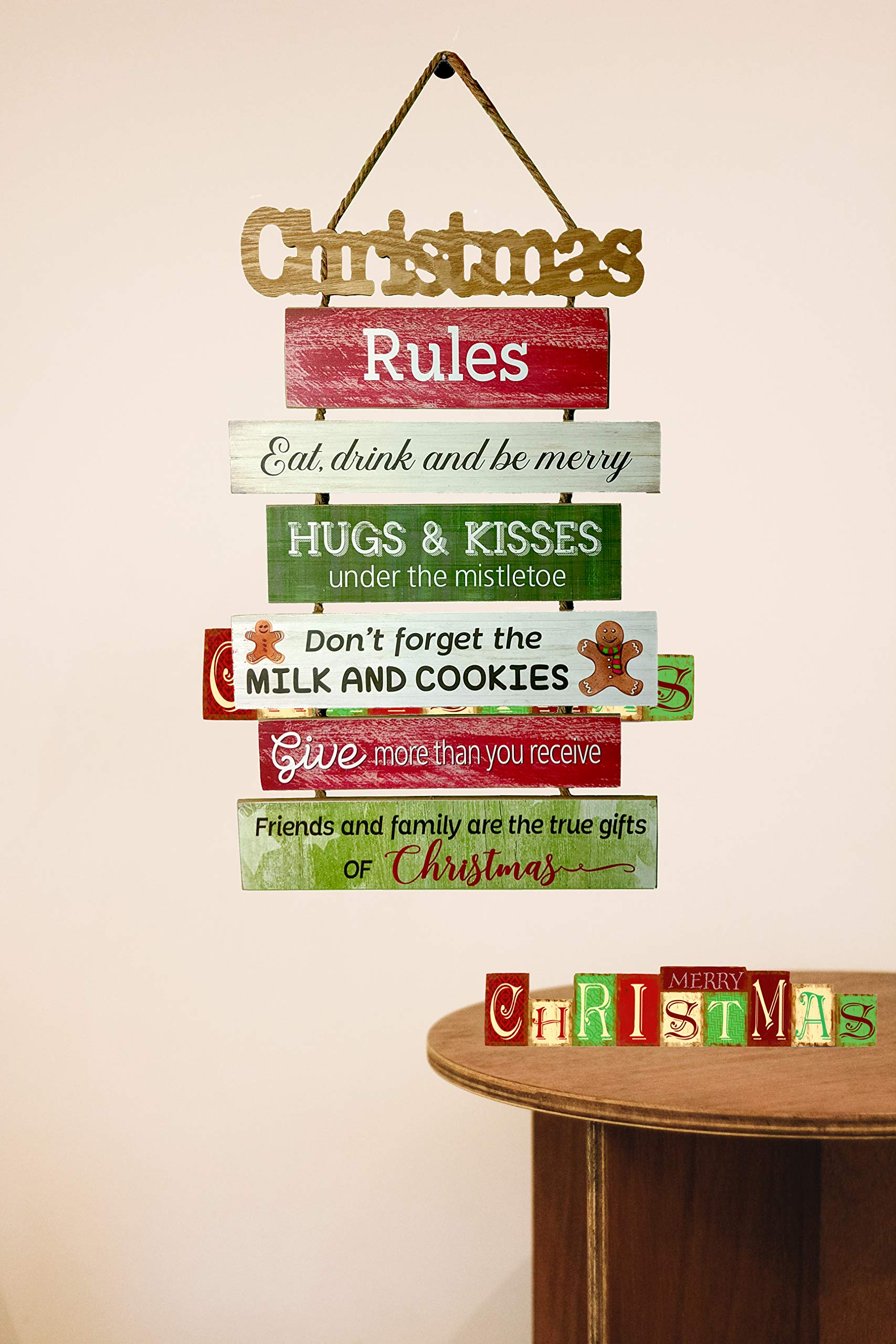 Christmas Wood Wall Decor Hanging Sign, Rustic Wooden Plaque, Holiday Rules 23" x 13.75" Jute Hanger