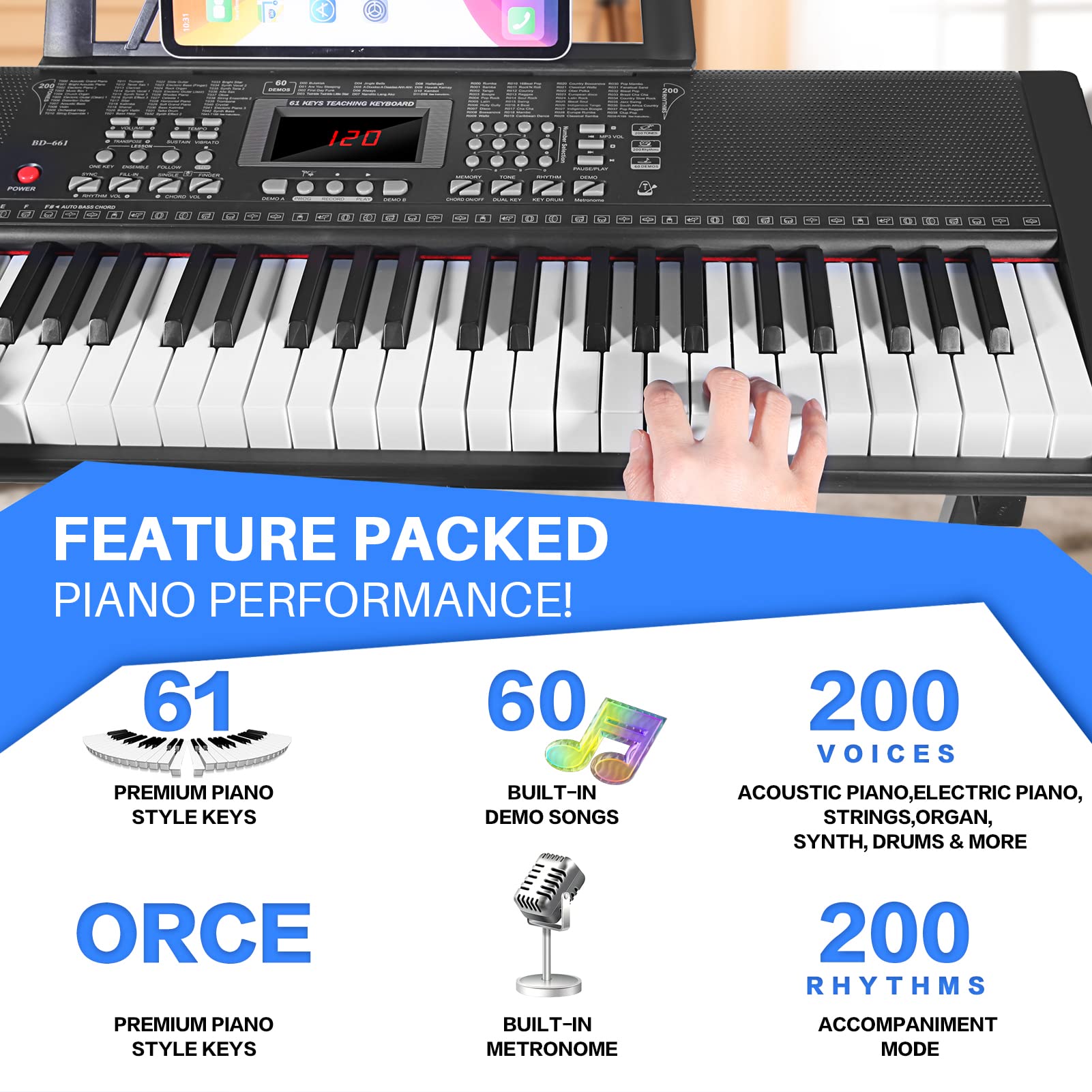 Camide 61 Key Keyboard Piano for Beginners with Speakers, Digital Piano Stand, Bench, Headphones, Microphone, Sticker Sheet and Demo Songs