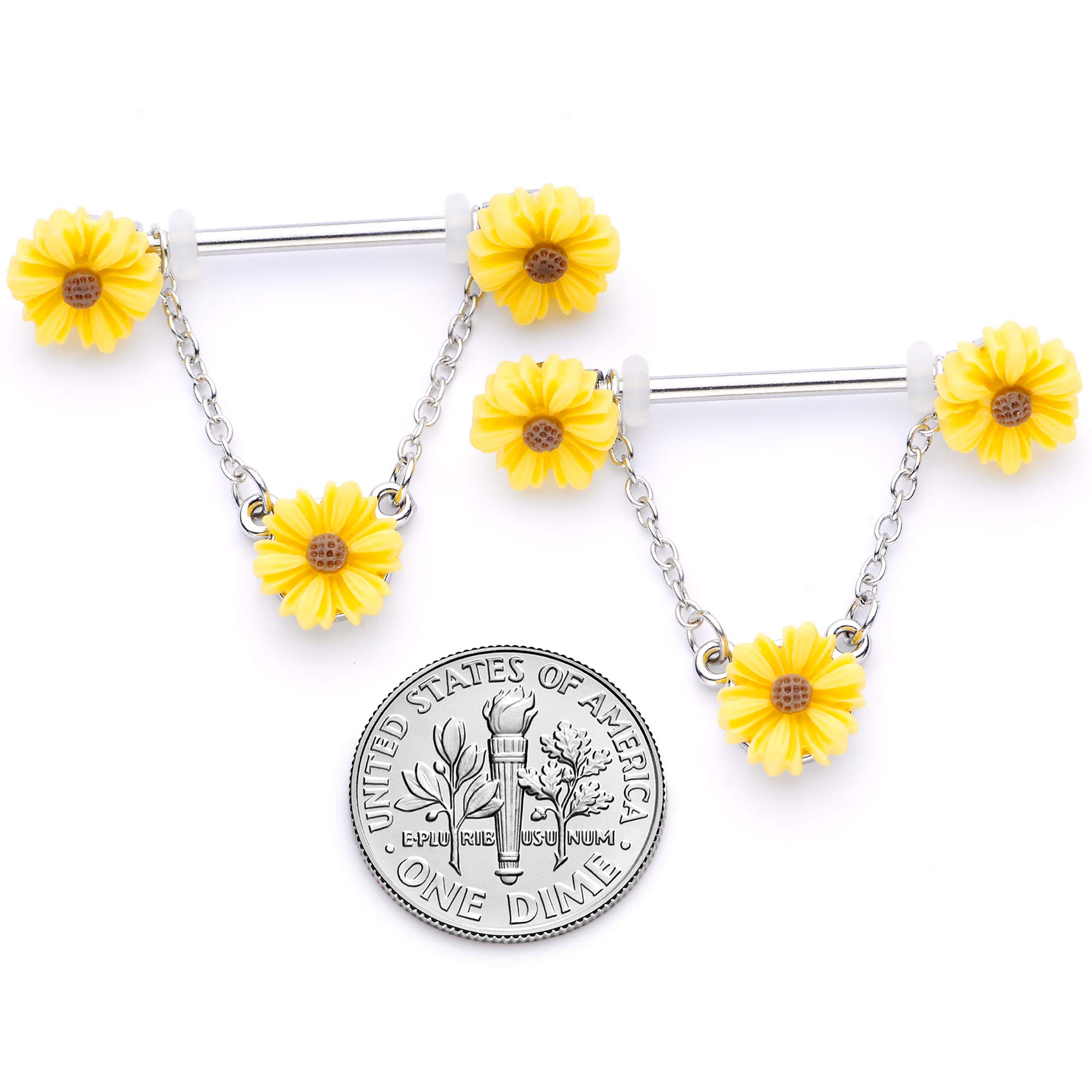 Body Candy 14G Womens Nipplerings Piercing Steel 2Pc Summer Yellow Sunflowers Dangle Nipple Ring Set 5/8"