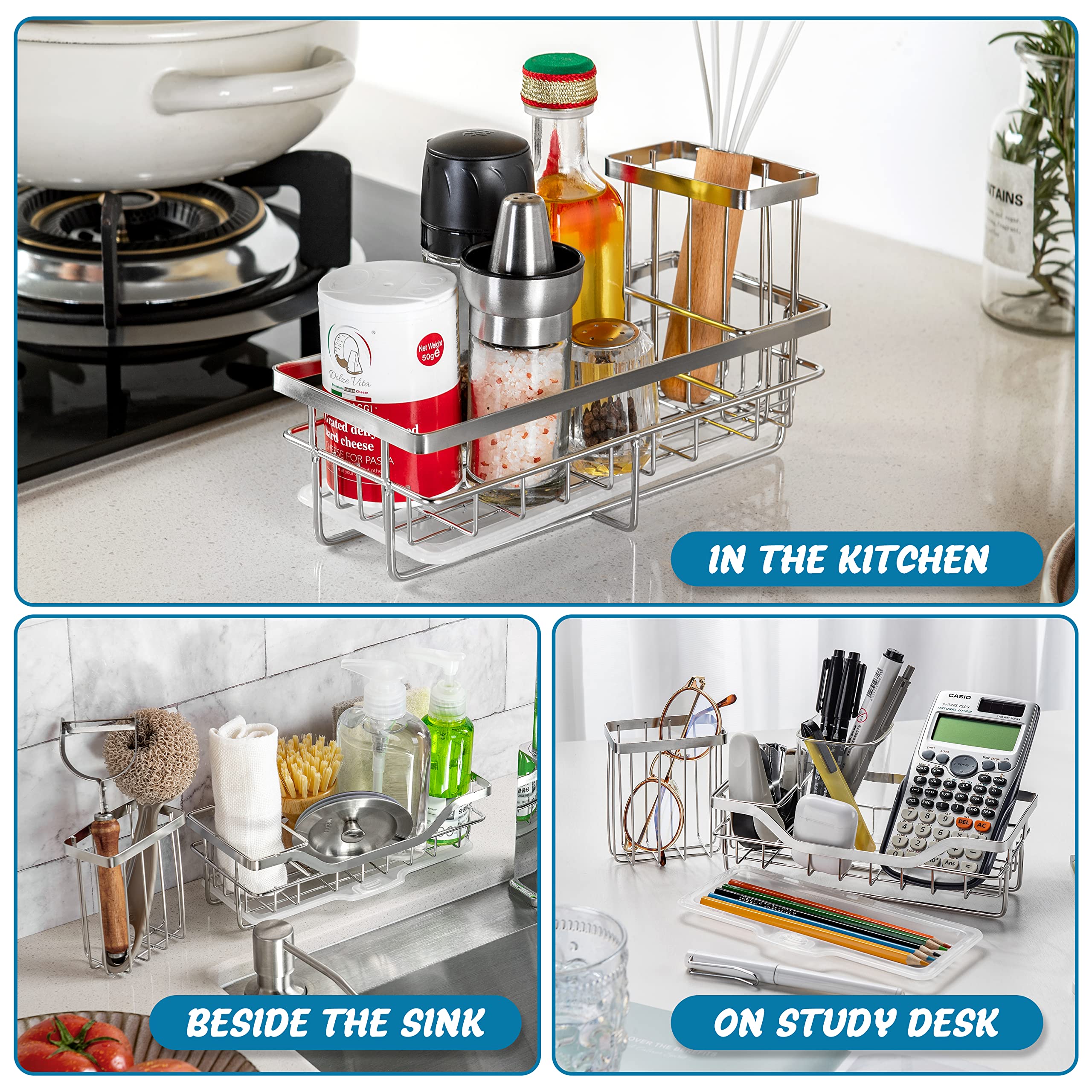 COCOBOSS Sink Caddy Kitchen Sink Organizer, Sponge Holder for Kitchen Sink Premium Stainless Steel Rustproof with Removable Drip Tray and Anti-Slip Bar - Silver(8.5 x 3.6 x 4.9 in)
