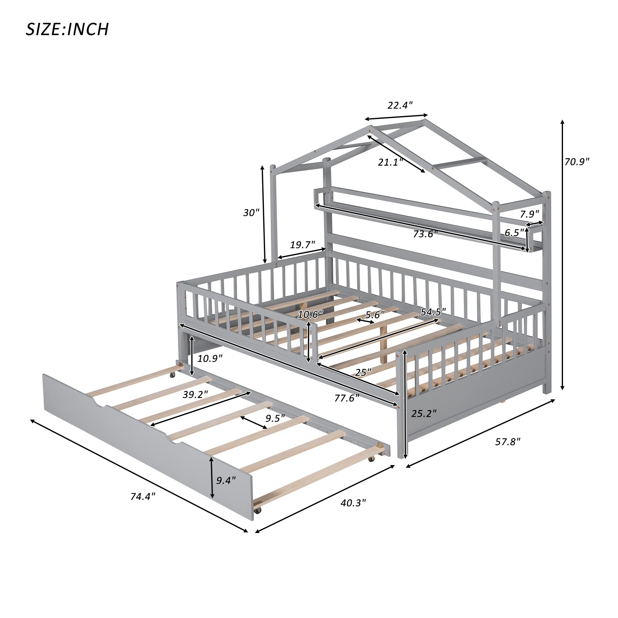 P PURLOVE Full Size House Bed Frame with Trundle,Montessori Bed Frame for Kids,Kids House Bed Frame with Shelf for,Full Size Daybed with Trundle with Slat,No Box Spring Need,Gray