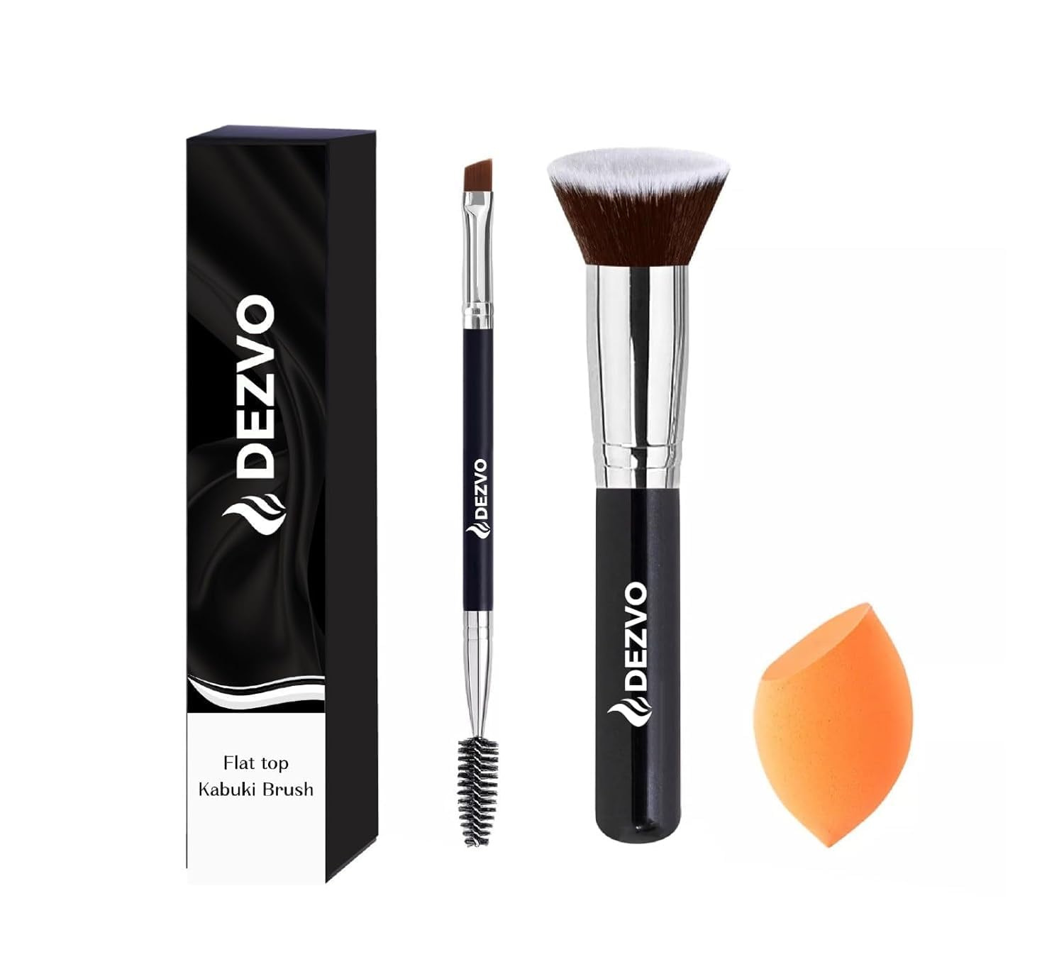 Flat Top Foundation Brush, Premium Kabuki Makeup Brush for Liquid, Cream, Powder, Blush Buffing, Blending, Flawless Face Brush , Stippling Makeup Tools , Angled Eye Brow Brush and Spoolie Brush with