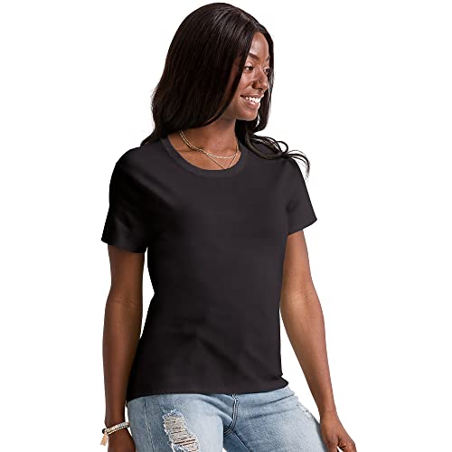 Hanes Originals Cotton T-Shirt, Classic Crewneck Women's Tee, Curved Back Hem, Black, X Large